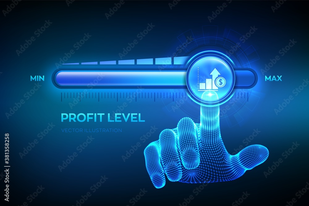 Increasing Profit Level. Wireframe hand is pulling up to the maximum ...