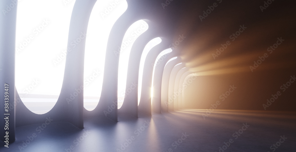 Futuristic modern space. Bionic interior design. 3d render. Clean empty ...