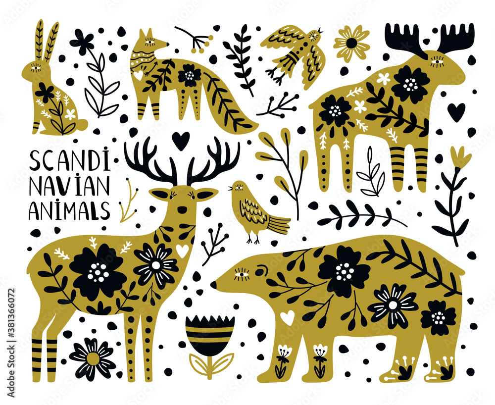 Vecteur Stock Scandinavian wild animals. Cute bear and deer, rabbit and ...