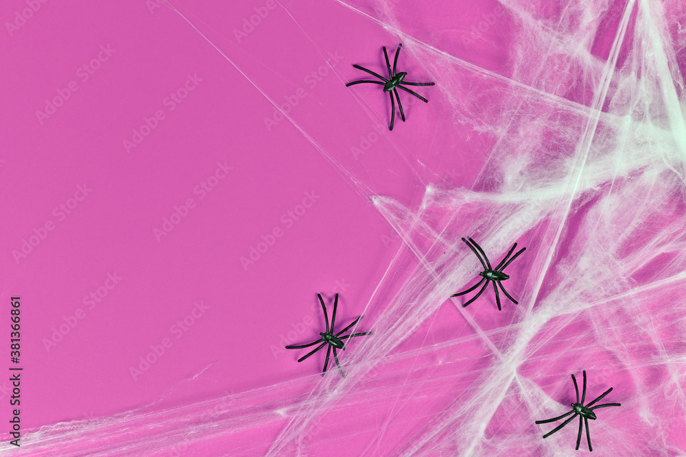 Spider webs and plastic spiders on right side of pink Halloween ...