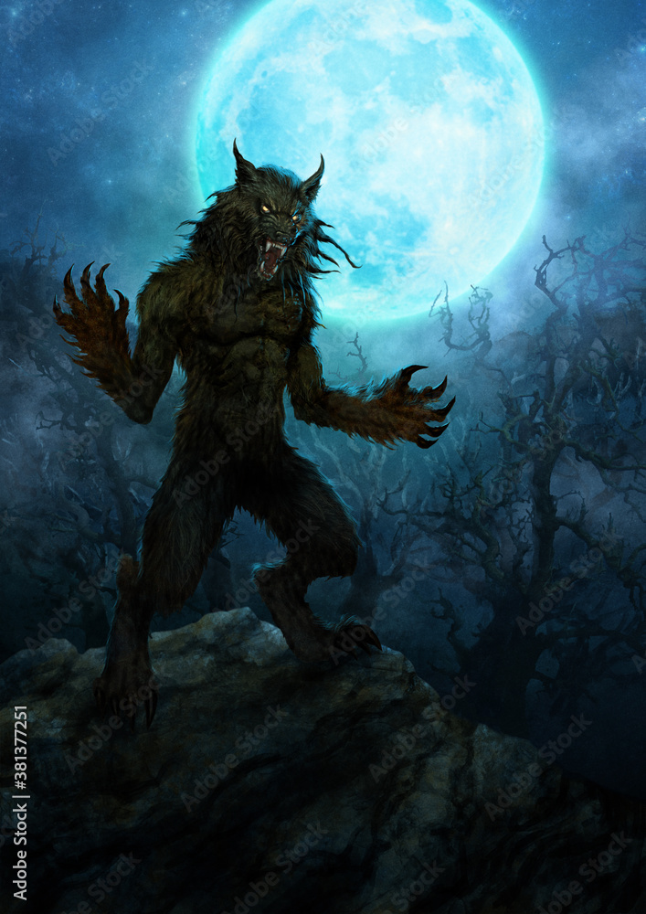 Scary werewolf and full moon - digital illustration Stock Illustration ...