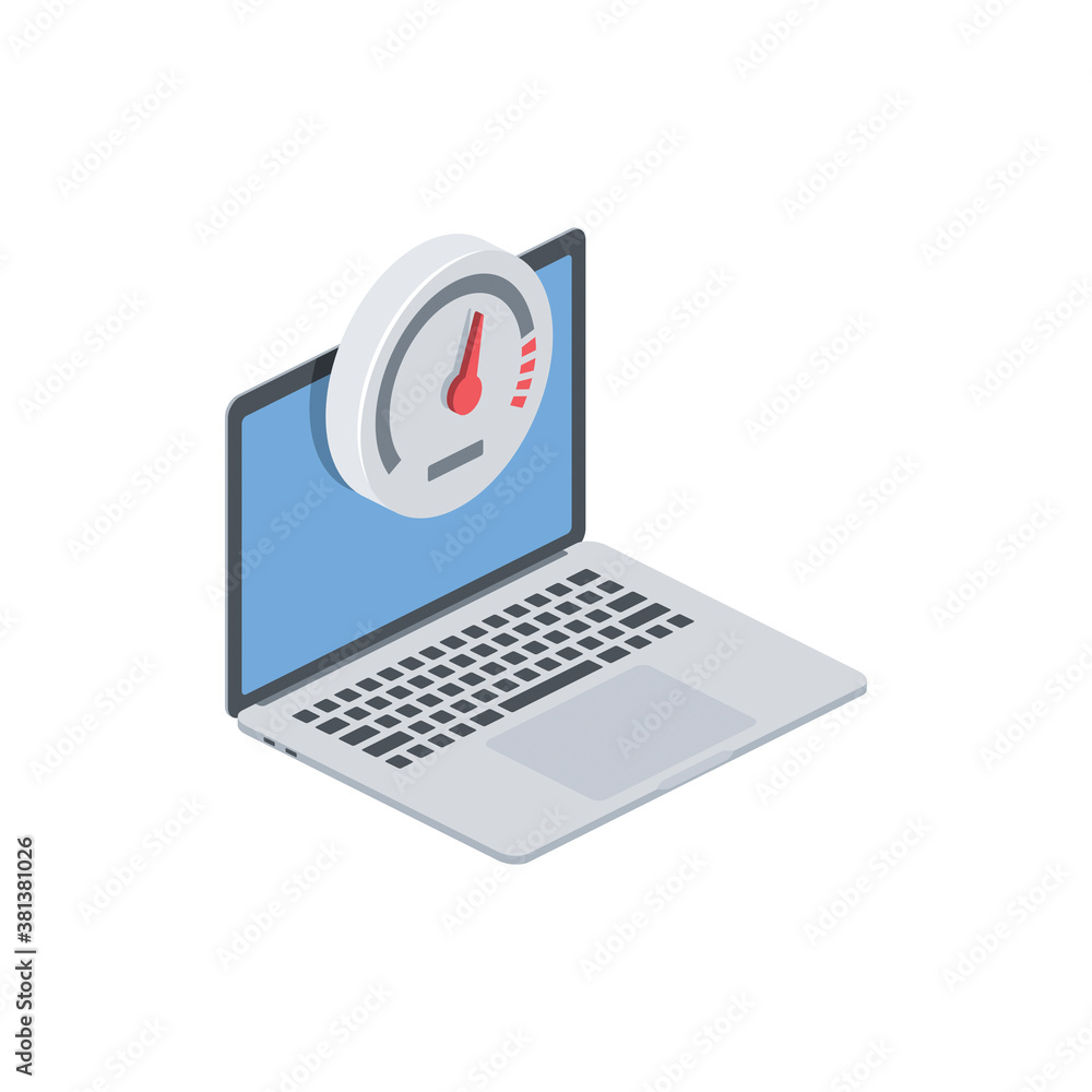 Desktop laptop speed test development. Vector 3d isometric, color web ...