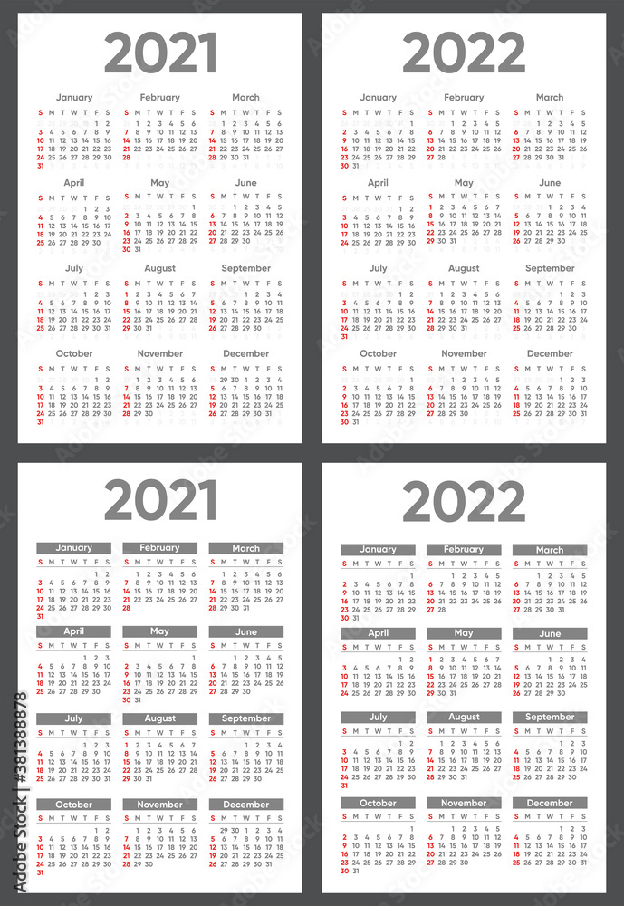 Calendar 2021, 2022 year. Week starts Sunday. Vertical template in ...