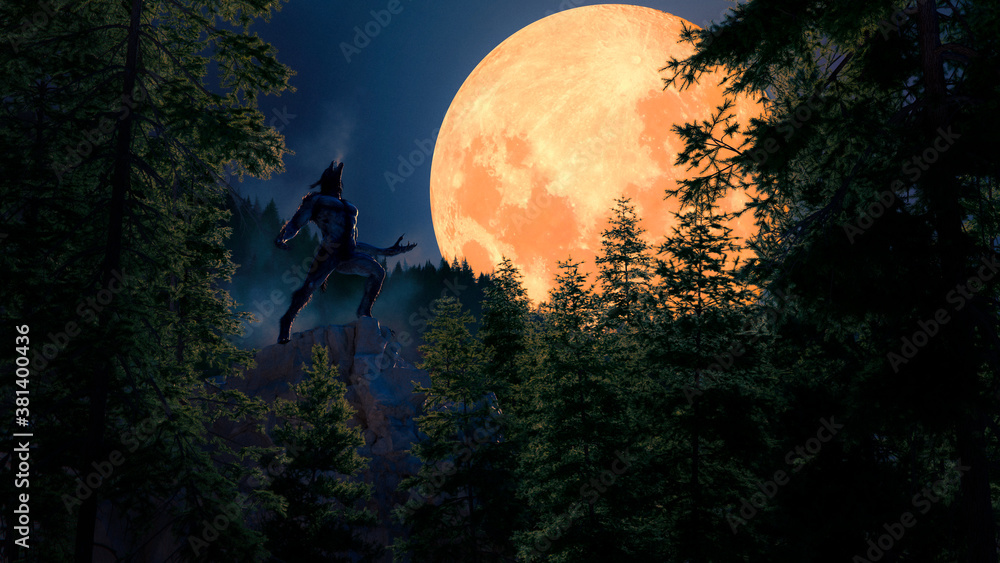 Werewolf howls in a dark and cold forest in a big red full moon light ...