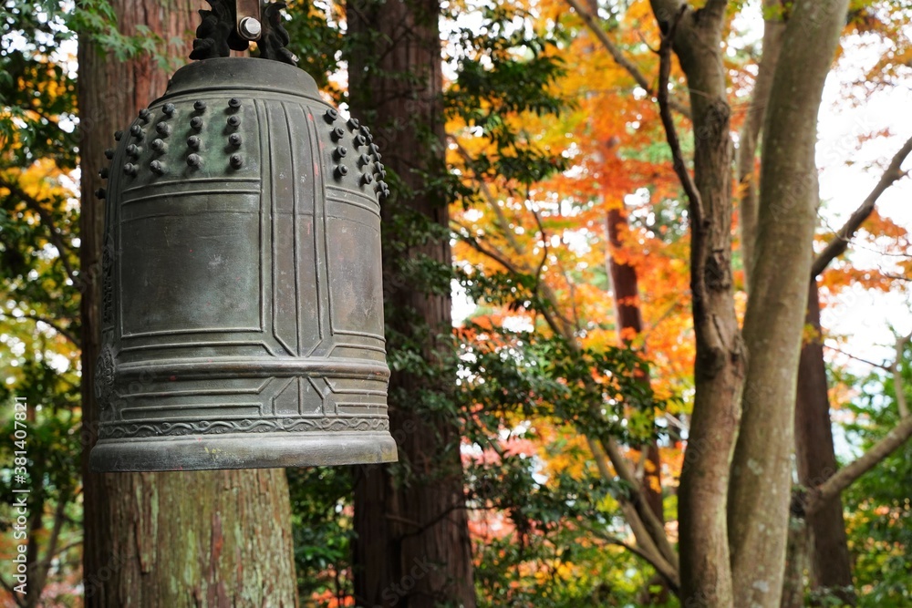 Big iron green bell of shrine in Chichibu, Saitama, Japan. People can ...