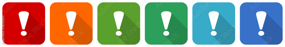 Exclamation sign icon set, flat design vector illustration in 6 colors ...