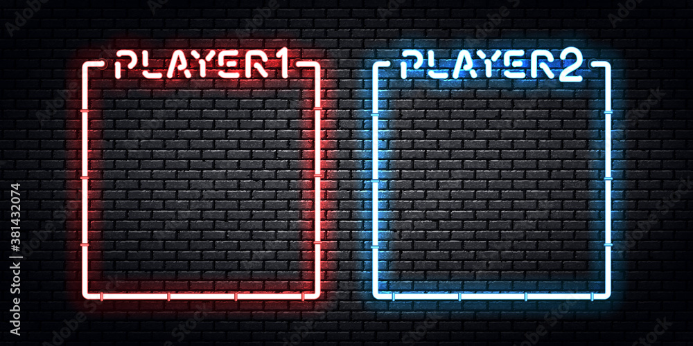 Vector realistic isolated neon sign of Player 1 and Player 2 frames for ...