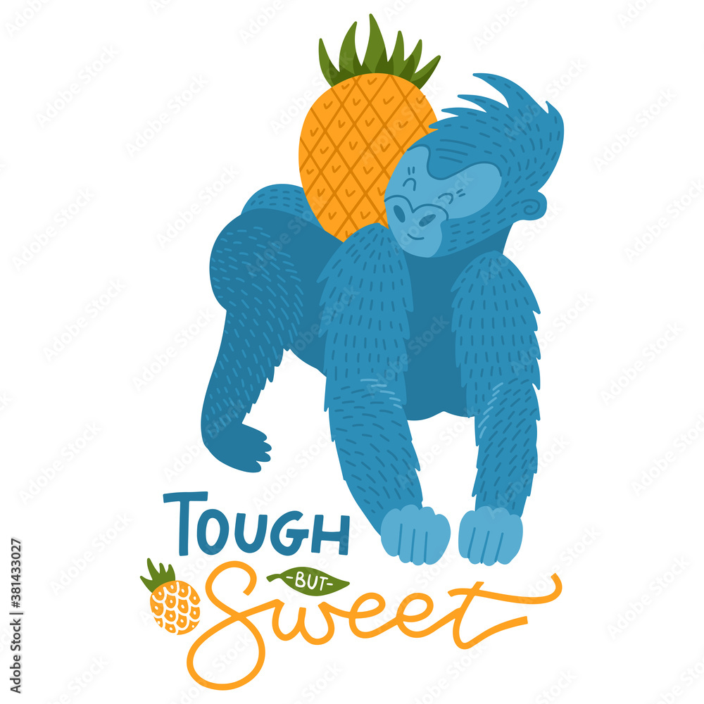Cartoon gorilla with pineapple fruit isolated on white background. Colorful print for kids and ...