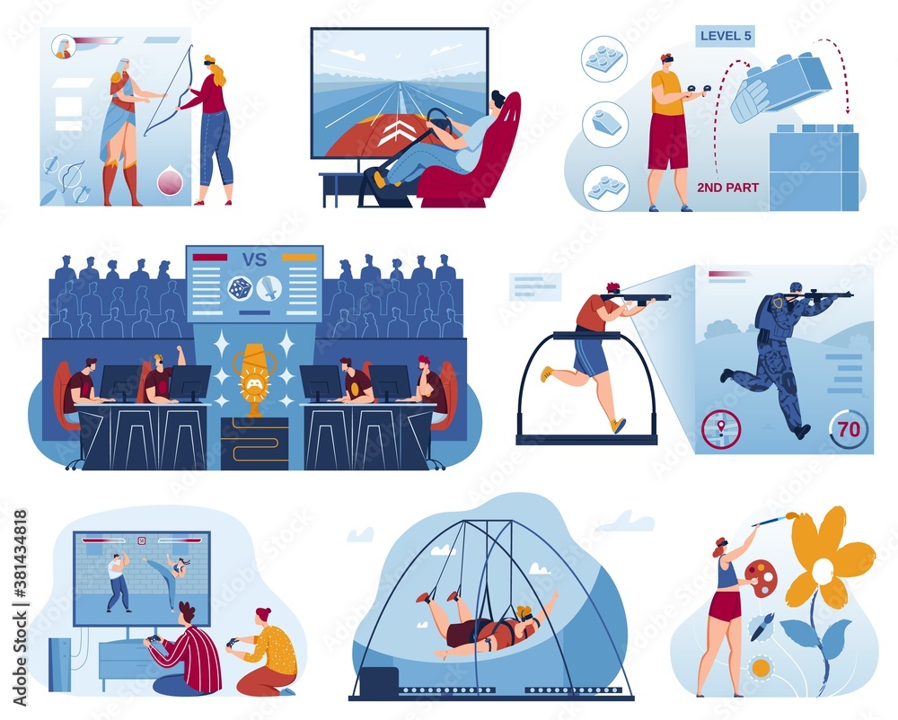 Computer games, cyber sport vector illustration set. Cartoon flat ...