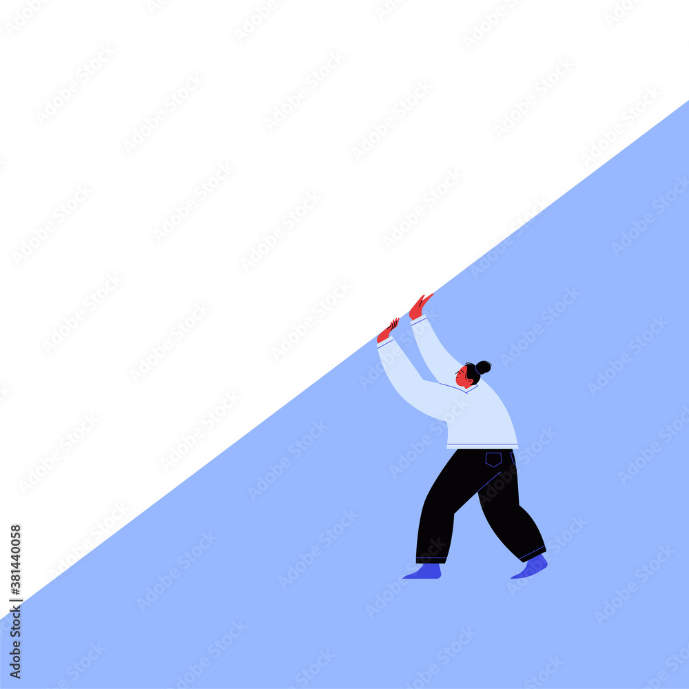 Character pushing up a blank white page. Flat illustration of a woman ...