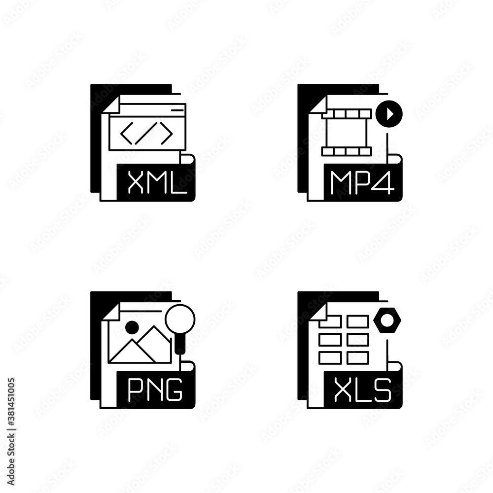 File types black linear icons set. XML. MP4. PNG. XLS. Spreadsheet, data, video, raster image ...