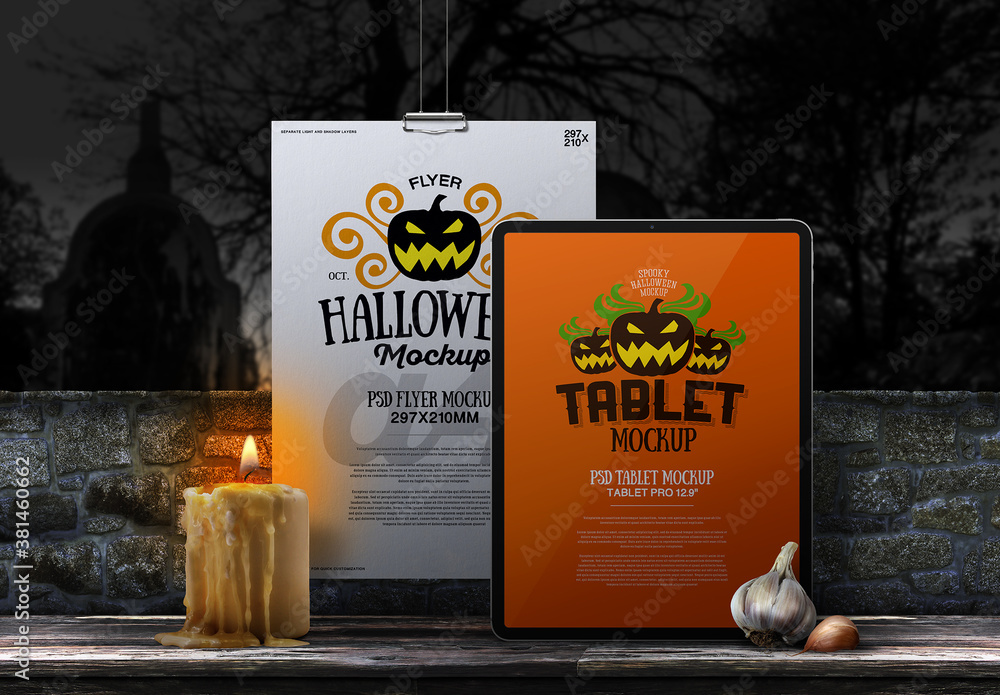 Halloween Mockup Hanging Flyer Poster and Tablet Stock Template | Adobe ...