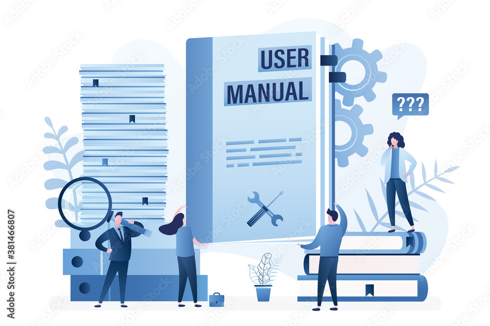 User manual concept banner. Group of business people reading guide ...