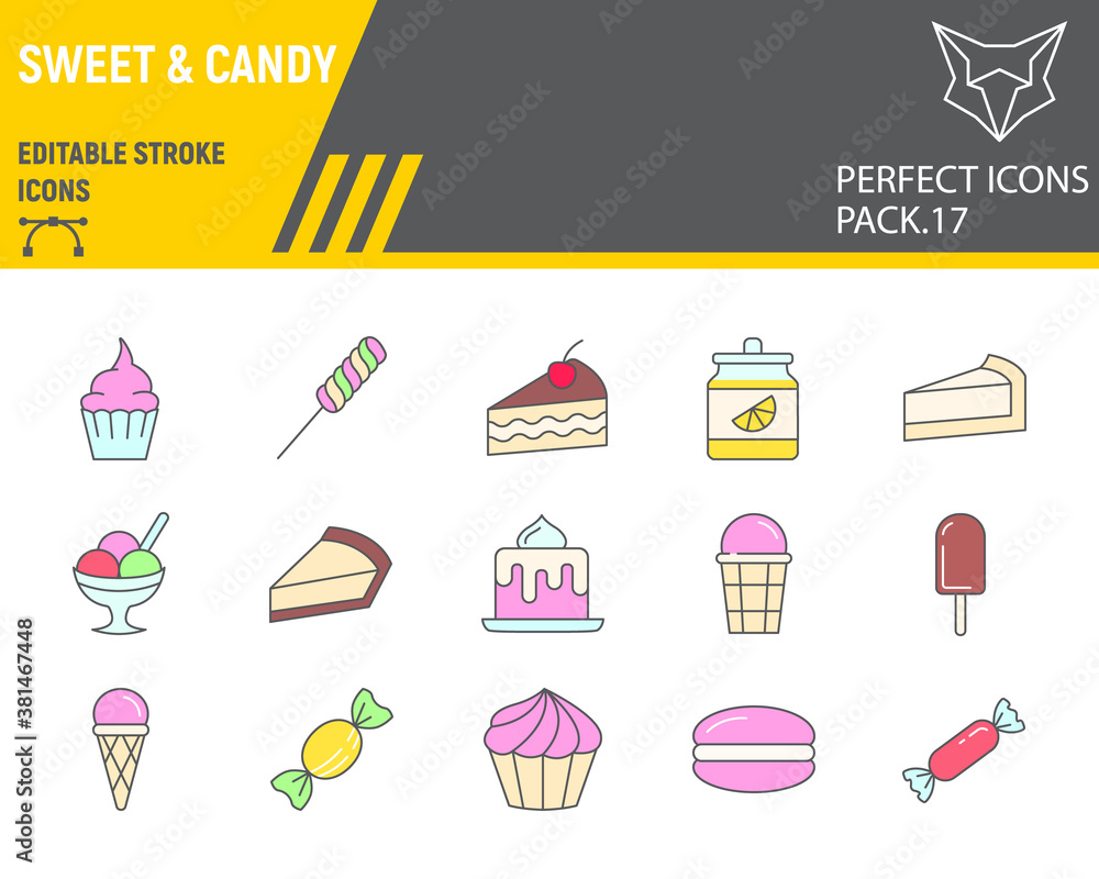 Sweets color line icon set, desserts collection, vector sketches, logo ...