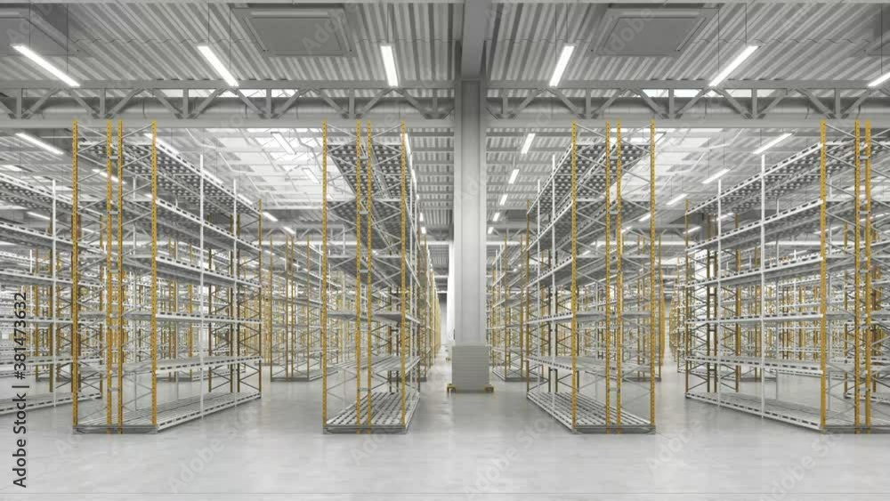 Bright warehouse interior hall with empty shelves. Camera horizontal ...
