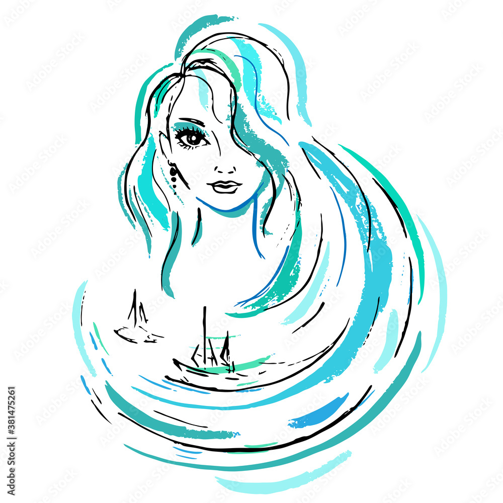Colorful marine girl with wavy long hair with ship. Ocean sea nymph ...