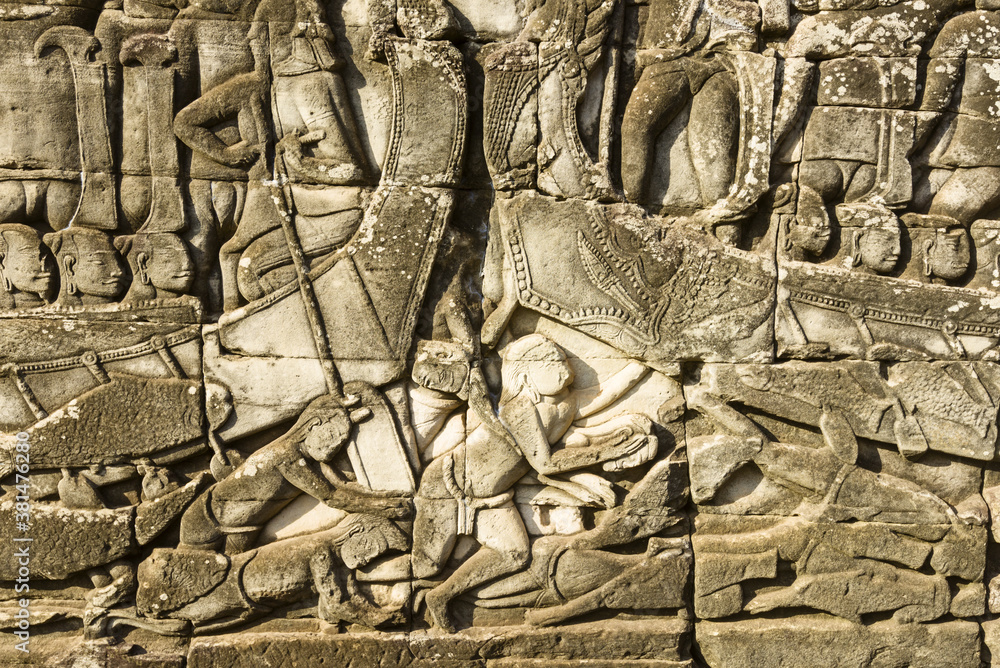 Bas reliefs depicting the naval battle between Khmer and the Chams at ...