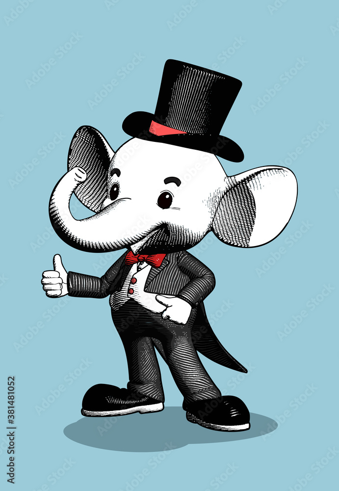 Vintage elephant cartoon character on blue BG Stock Vector | Adobe Stock