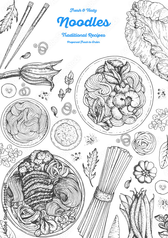 Asian food engraved sketch. Noodle dishes top view frame. Food menu ...