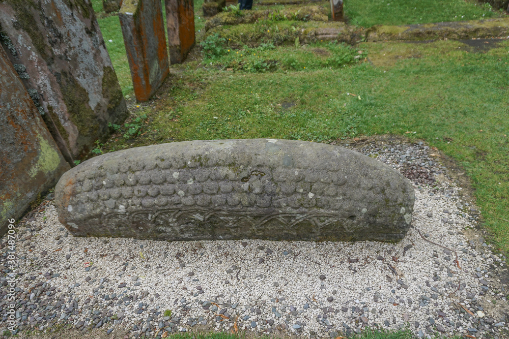 Luss, Scotland: 11th century Viking Hogback grave stone at the St ...