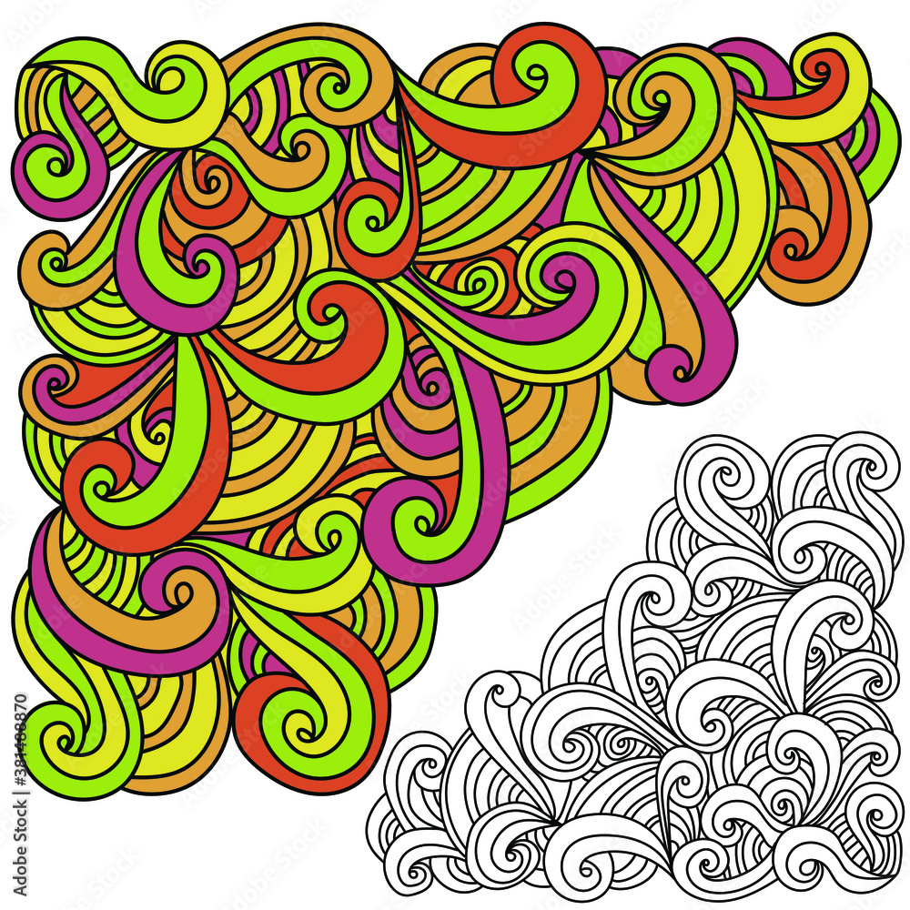 Set of decorative corners from lines, arcs and curls, color doodles and ...