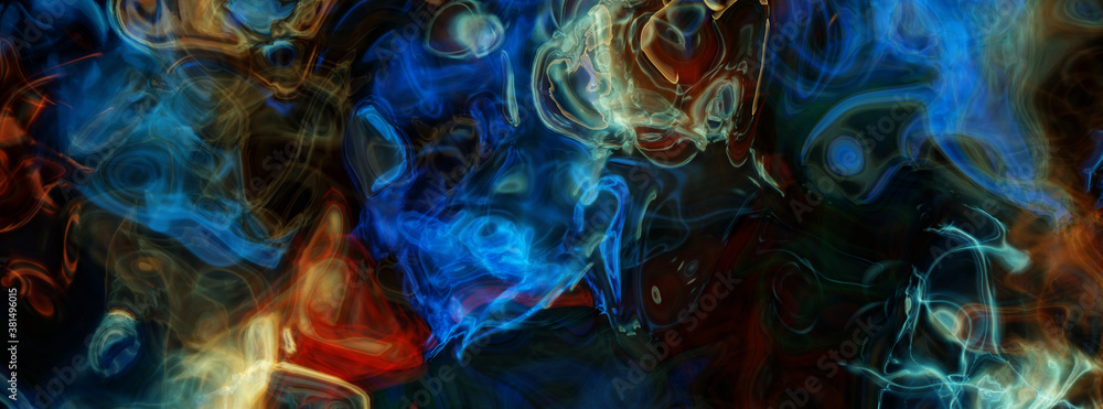 Abstract colored smoke, blue, red, orange translucent clouds on black ...