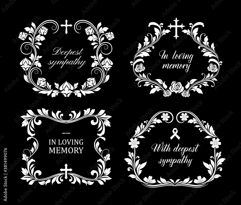Funeral vector frames, isolated borders of floral design with blossoms ...