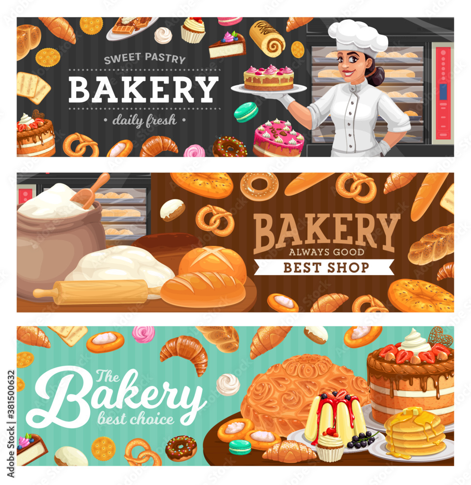 Bakery shop food and baker in toque carton vector. Woman in chef toque ...