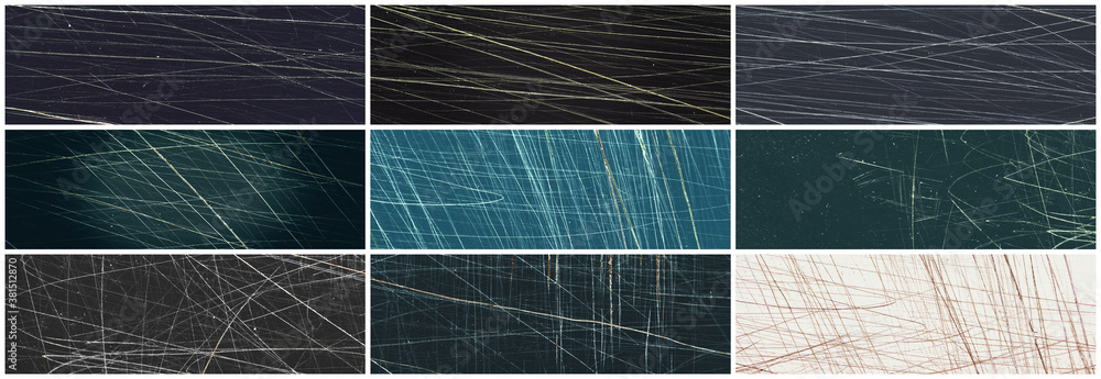 Set of scratched film textures. Many bright lines in different ...