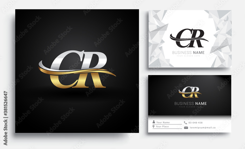 initial letter CR logotype company name colored gold and silver swoosh ...