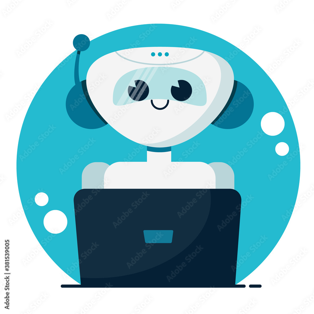 Smiling cute robot chat bot. Support service concept. Vector cartoon ...