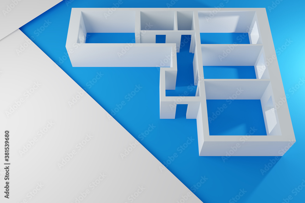 3d interior rendering of an empty paper model of an apartment house ...