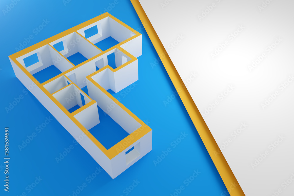 3d interior rendering of an empty paper model of an apartment house ...