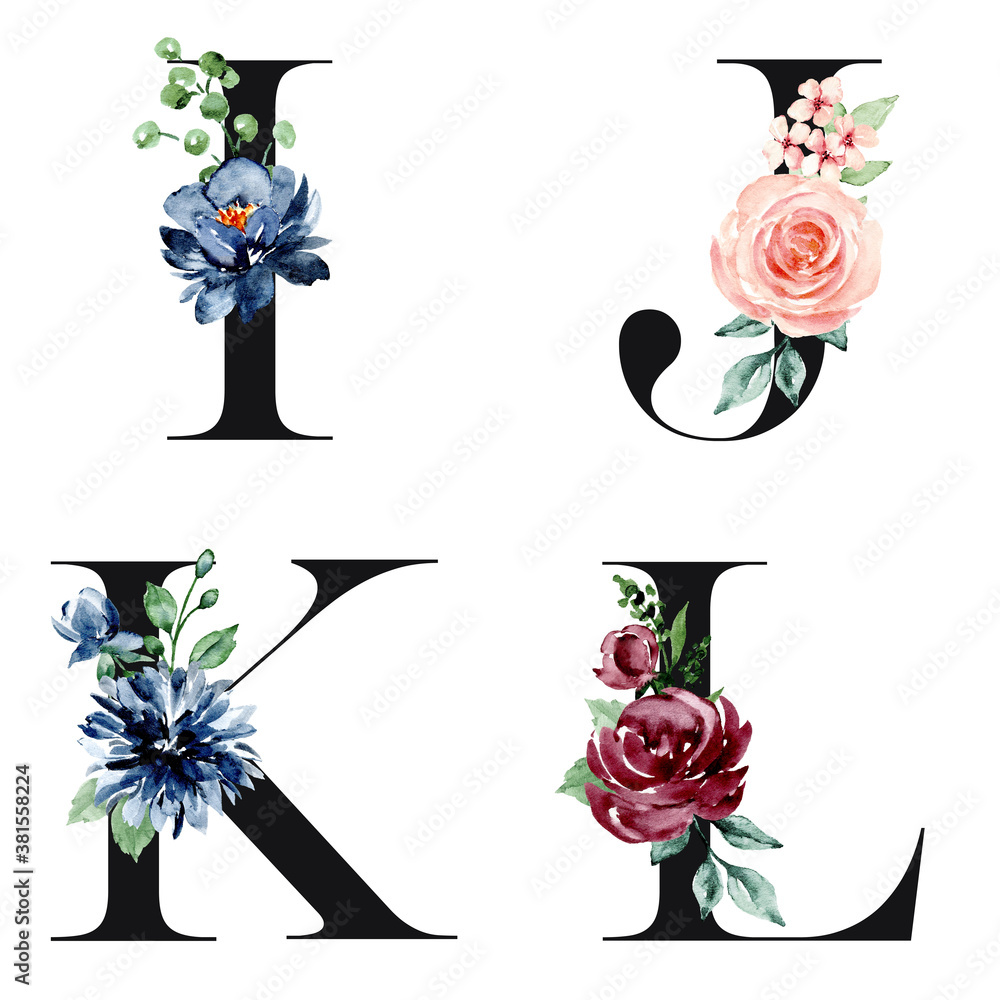 Letters set, floral alphabet with watercolor flowers and leaf. Monogram ...