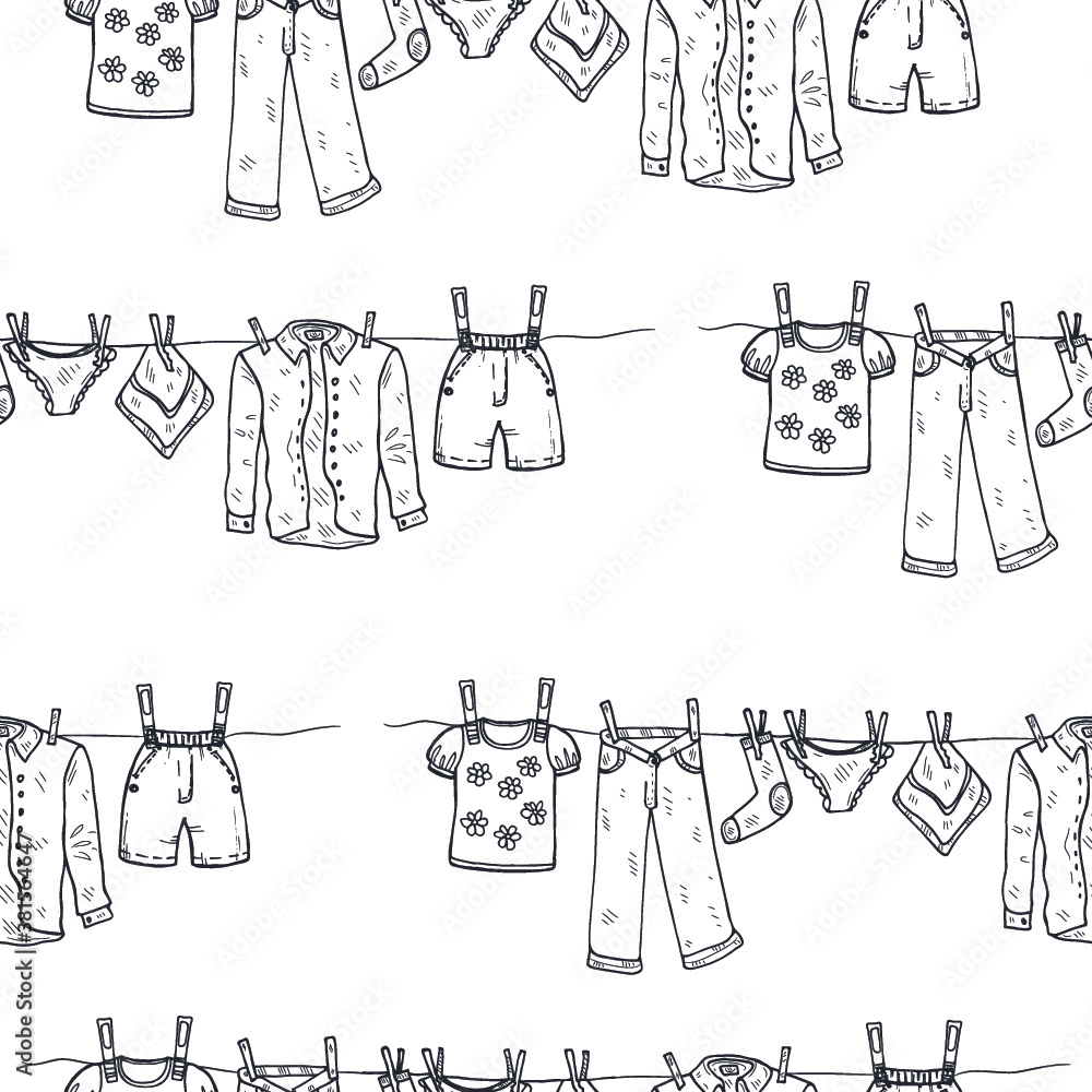Seamless pattern with hand drawn clothes. Collection of sketched ...