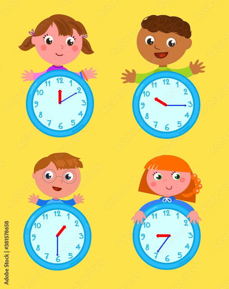 Four kids with clock faces, cartoon vector illustration Stock Vector ...
