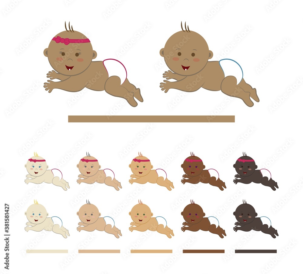 Cheerful cute cartoon kids lying on stomach. Set of vector ...