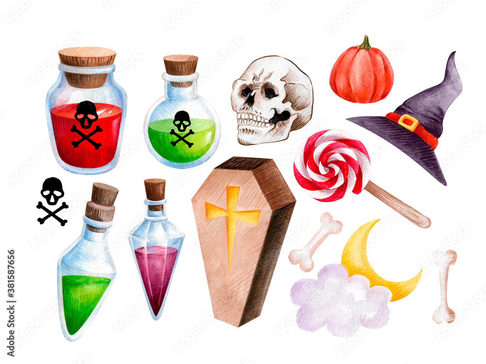 set of halloween candy, Halloween watercolor clipart postcard elements ...