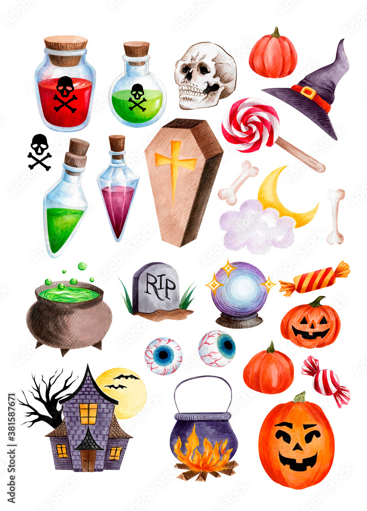Halloween watercolor clipart postcard elements sweets, pumpkin, bones ...
