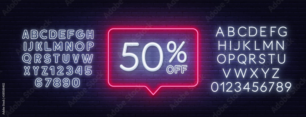 50 percent off discount neon sign. Template for a design. Neon white ...