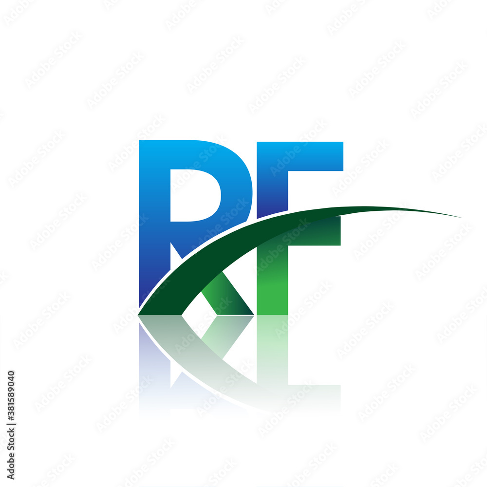 initial letter RF logotype company name colored blue and green swoosh ...