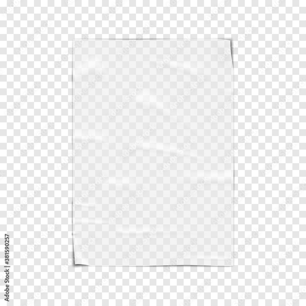 Pasted on wall blank clear creased paper poster with unstuck corners on ...