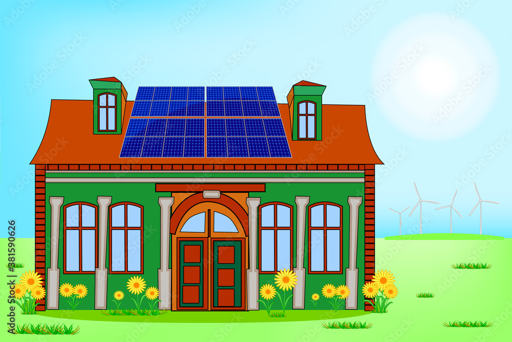 Solar energy home. Sustainable eco residential house with blue solar ...