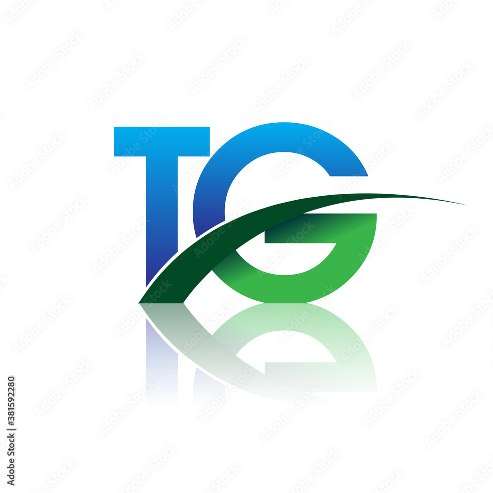 initial letter TG logotype company name colored blue and green swoosh ...