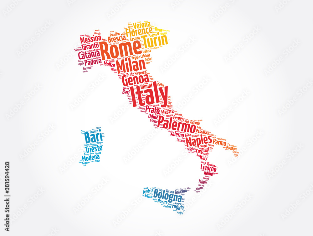 List of cities in Italy, map silhouette word cloud, travel concept ...