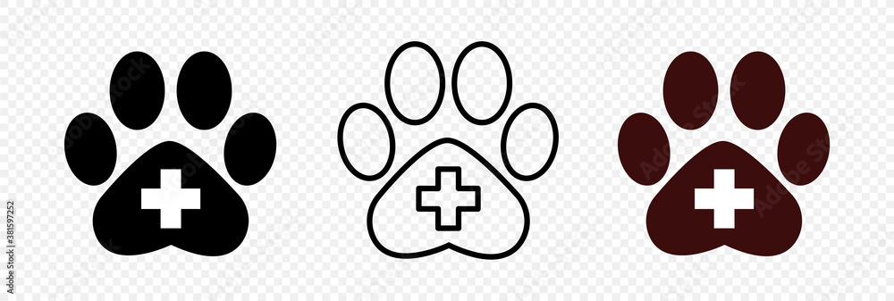 Pet first aid icon. Paw print dog or cat. Paws with a medical cross ...
