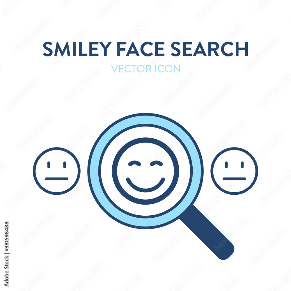 Smiley face search icon. Vector illustration of a magnifier tool ...