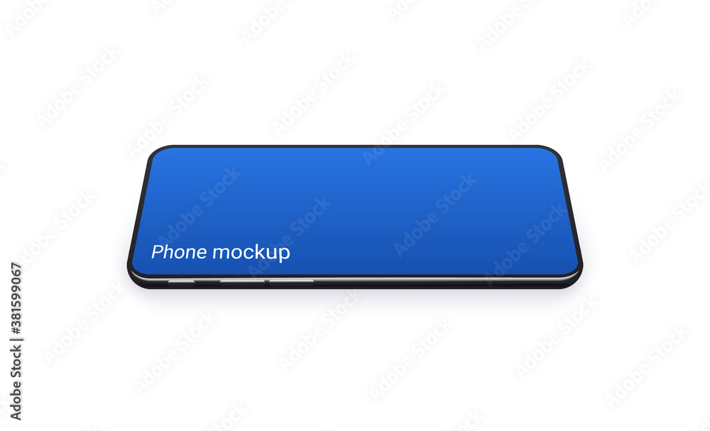 Horizontal phone mockup with blue empty screen isolated on white ...