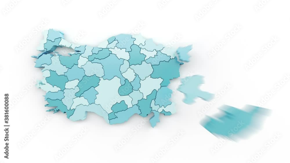 Map of Turkey in blue-green colors, top view. Formed by separate areas ...
