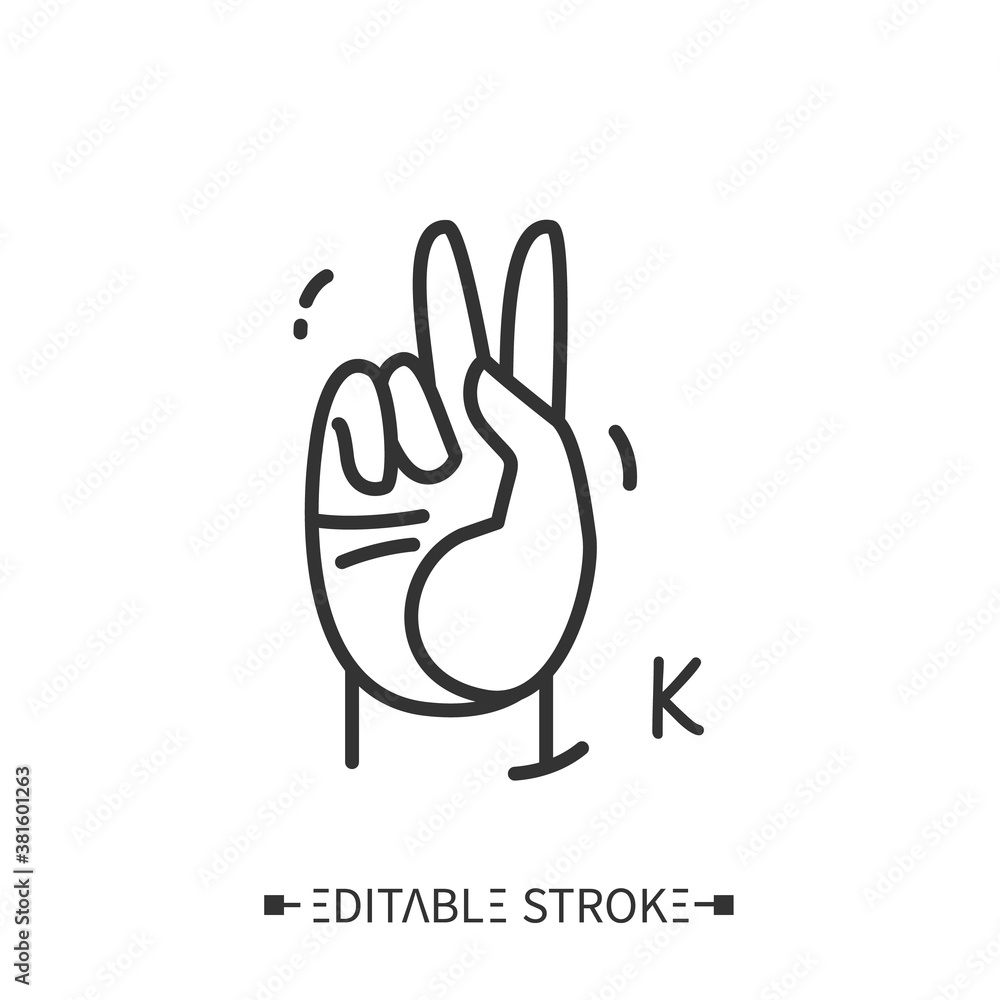 Hand gesture showing letter K line icon. Fingerspelling American sign ...